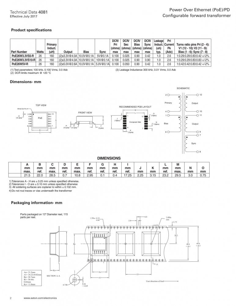 POE26W3.3VS5-R dimensions and packaging information