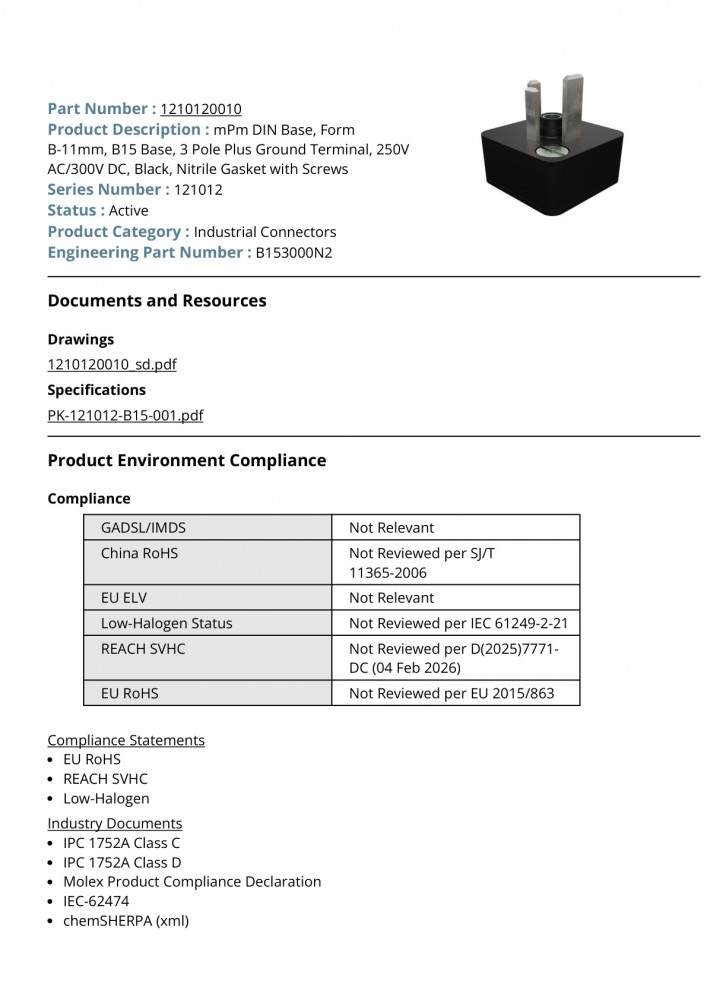 MOLEX DIN Valve Series B15 packaging specification, page 1