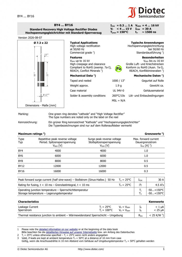 DIOTEC BY16 datasheet page 1