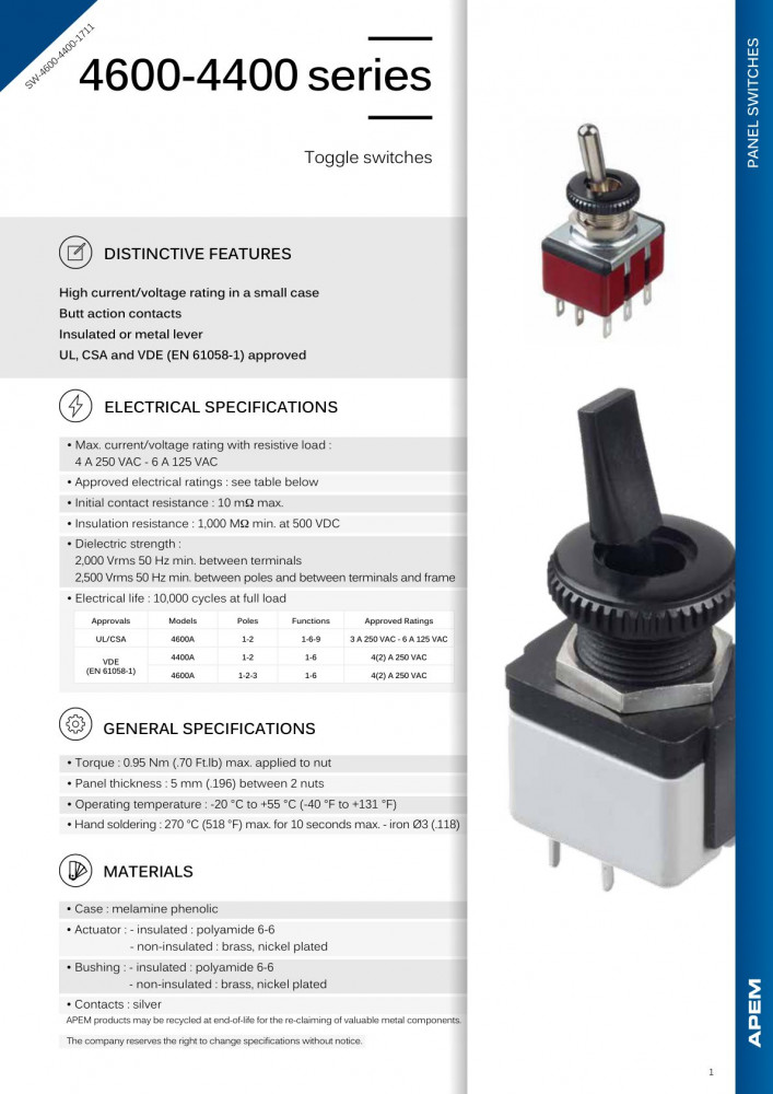 APEM 4600-4400 series datasheet page 1