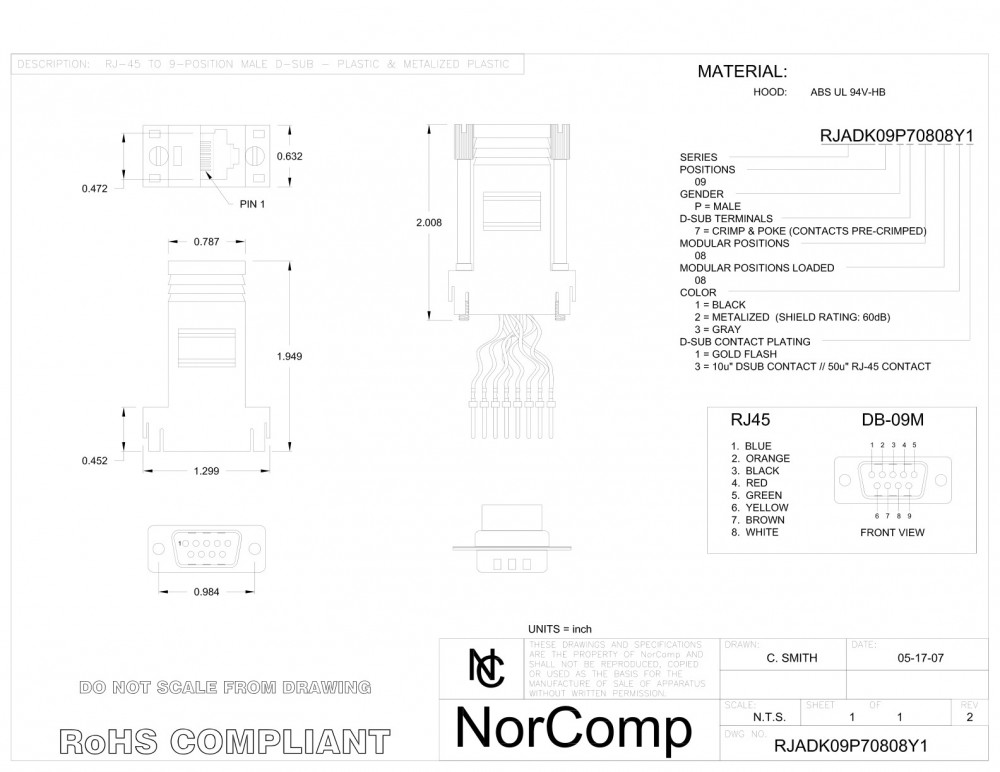 RJ45 to DB-09M adapter assembly technical drawing