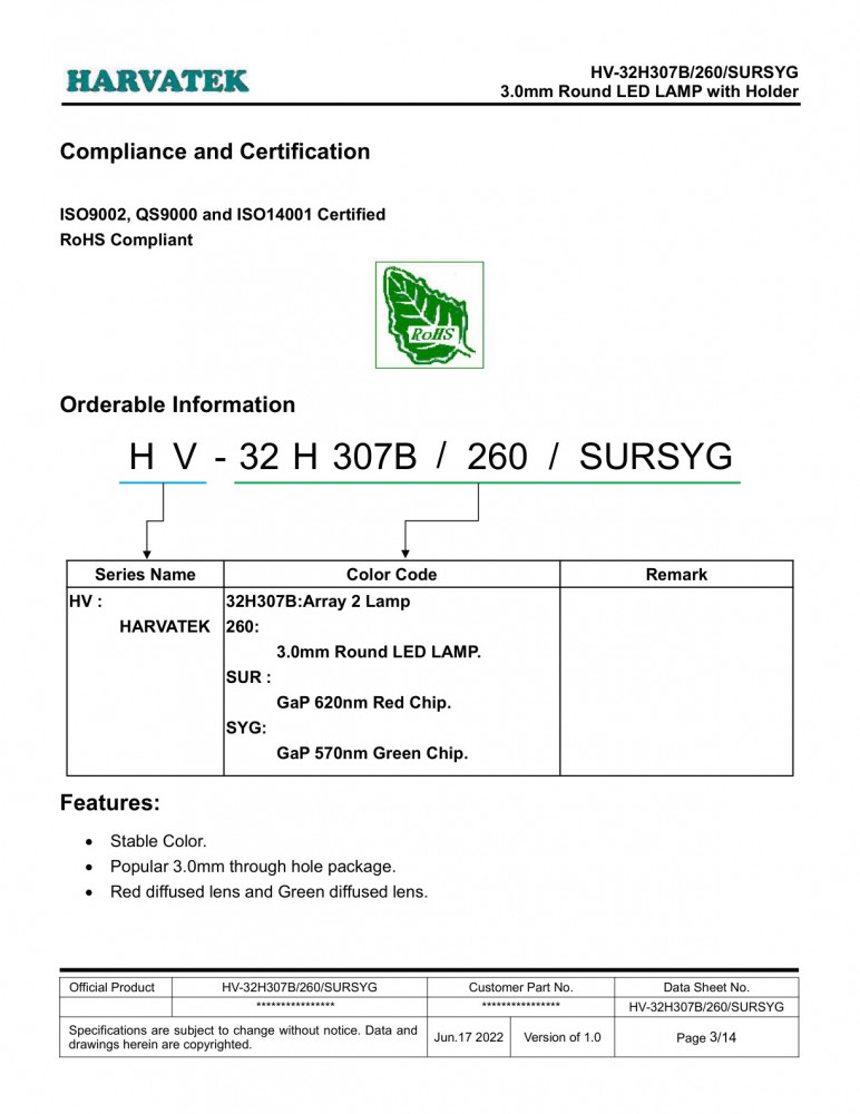 HV-32H307B/260/SURSYG datasheet page 3