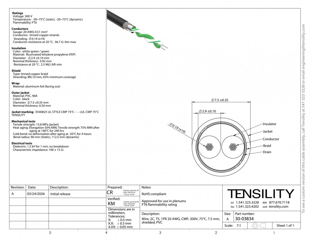Tensility International 30-03834 cable drawing and specification page