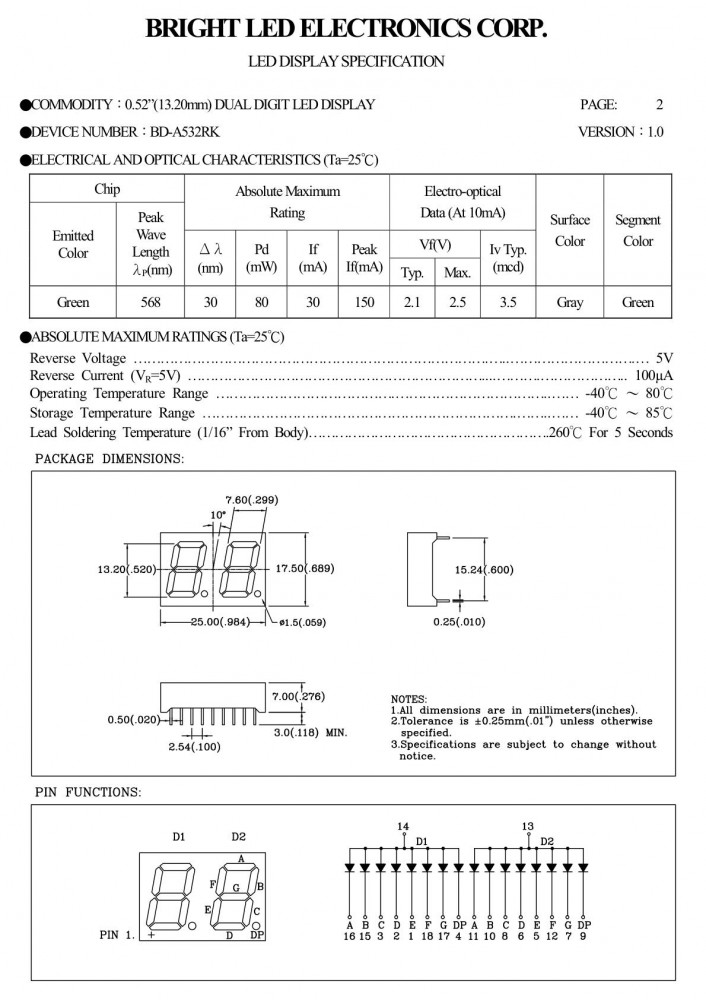 BD-A532RK specification and package documentation, page 1
