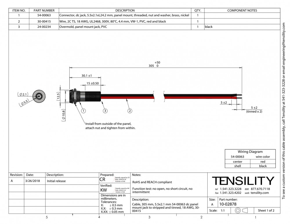 Tensility 10-02878 assembly drawing, page 1