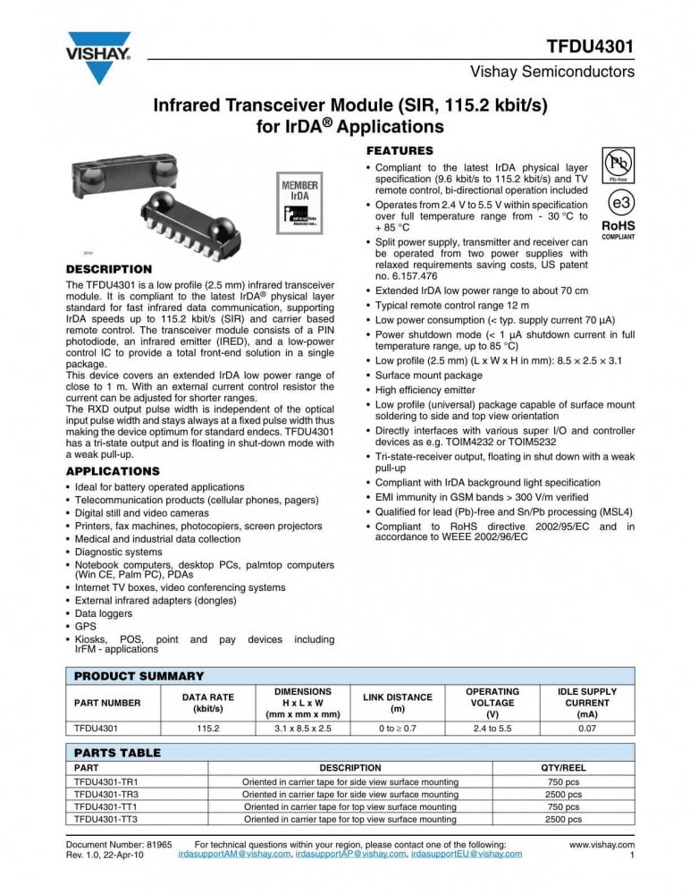 TFDU4301-TT1 datasheet page 1