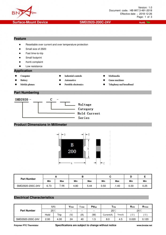 BNstar SMD2920-200C-24V datasheet page 1