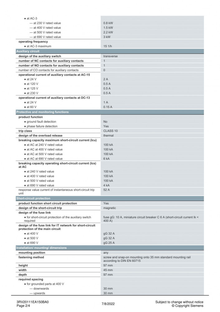 SIEMENS 3RV20111EA150BA0 technical document page 2