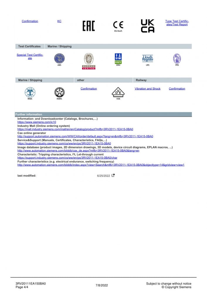 SIEMENS 3RV20111EA150BA0 technical document page 4