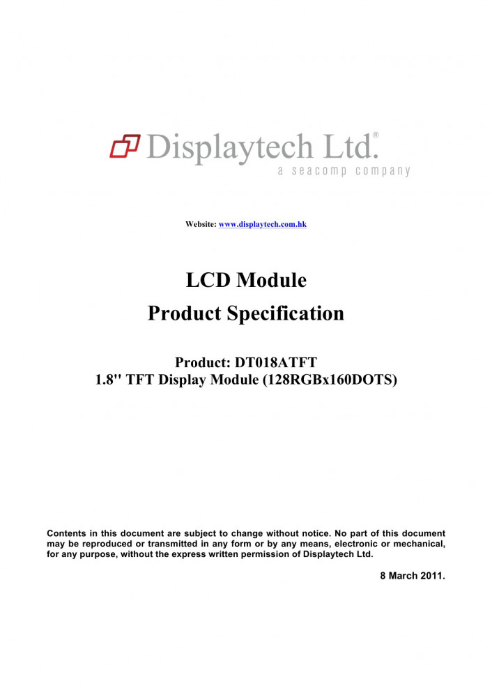 DT018ATFT specification page 1