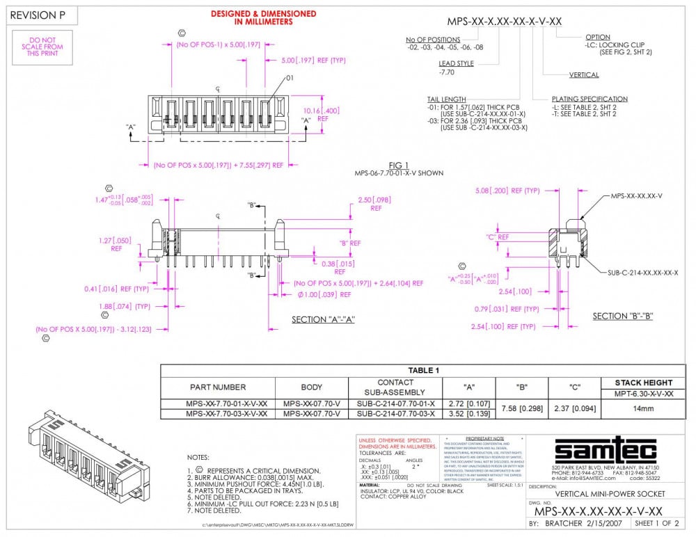 Samtec MPS-06-7.70-01-L-V technical drawing page 1