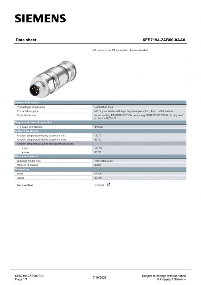 SIEMENS 6ES71942AB000AA0 data sheet page