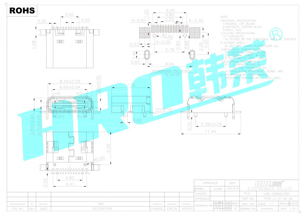 TYPE-C-31-M-36 USB connector technical drawing