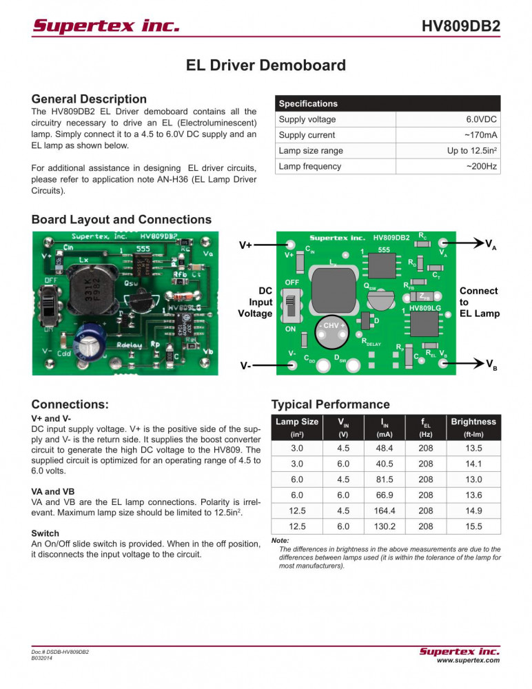 HV809DB2 EL driver demoboard layout and connections