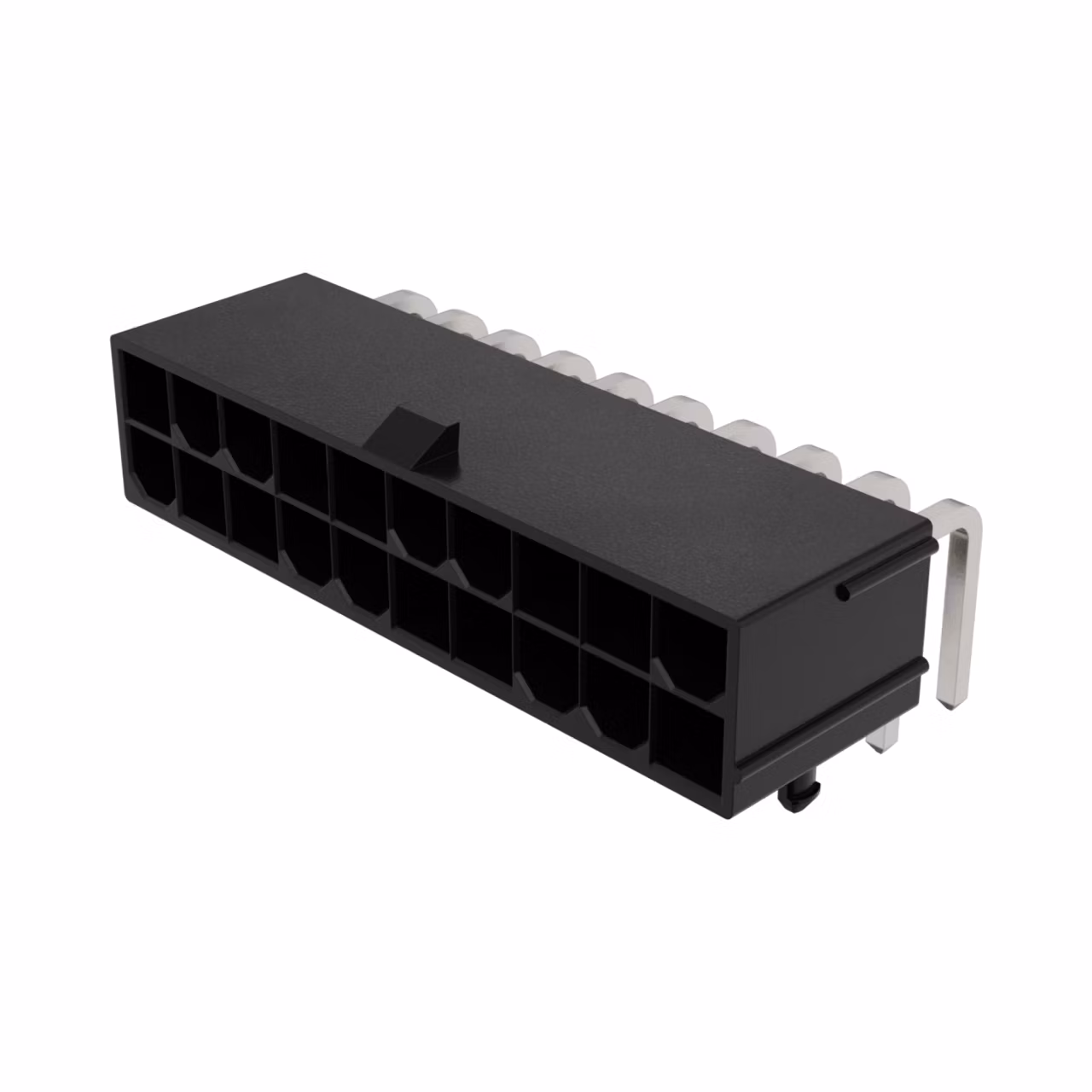 Mini-Fit Jr. Header, Dual Row, Right-Angle, with Snap-in Plastic Peg PCB Lock, 20 Circuits, UL 94V-0, Select Gold (Au) Plating, Black, Tray for sale