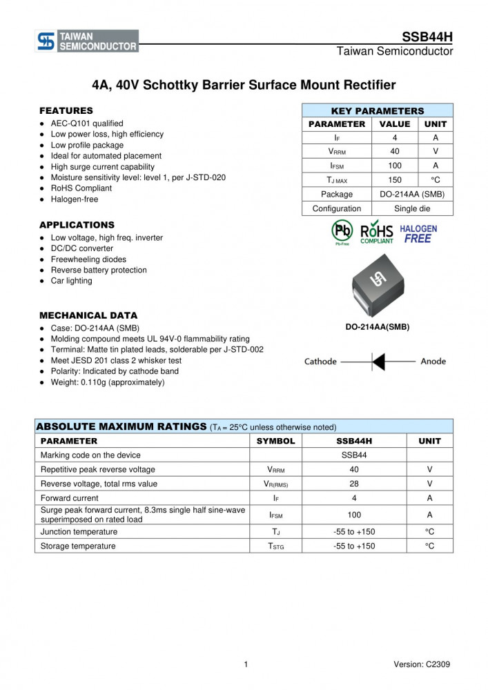 SSB44H datasheet page 1