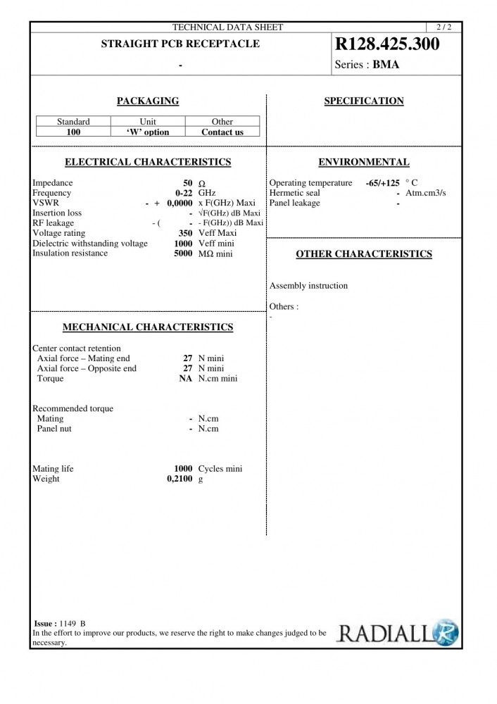 Radiall R128.425.300 technical data sheet, sheet 2