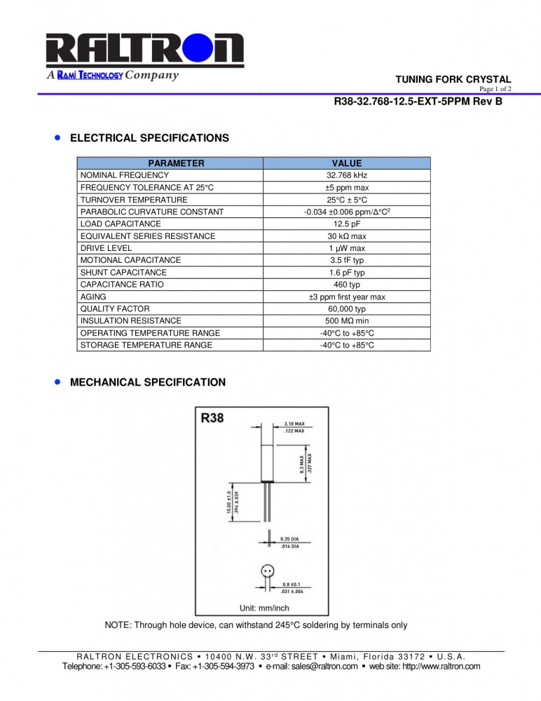 Raltron R38-32.768-12.5-EXT-5PPM mechanical and electrical specification page
