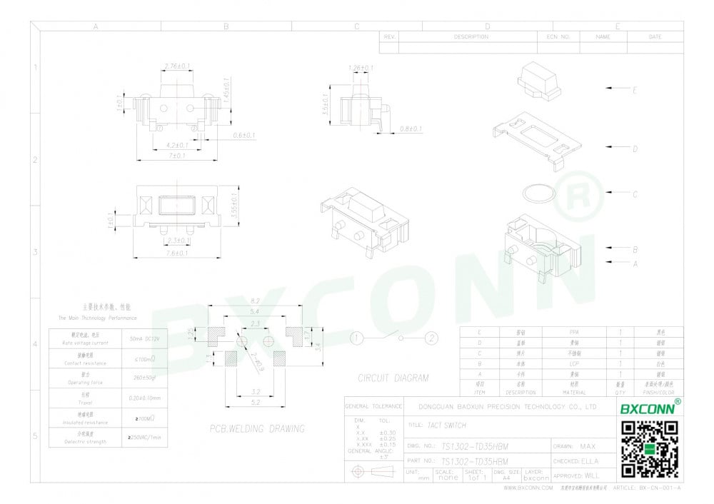 BXCONN TS1302-TD35HBM technical drawing