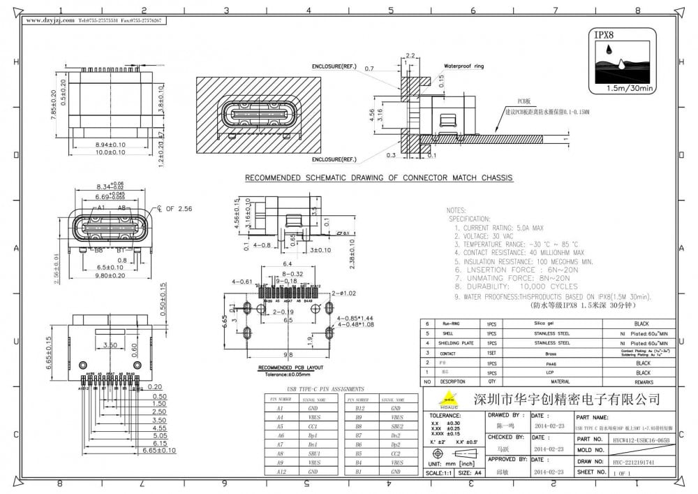 HOAUC HYCW412-USBC16-065B technical drawing