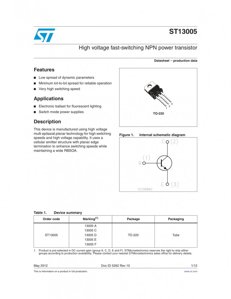 ST13005 datasheet page 1