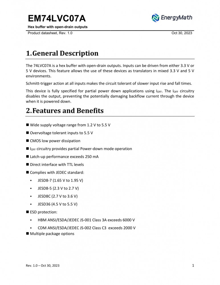 EM74LVC07AD datasheet page 1