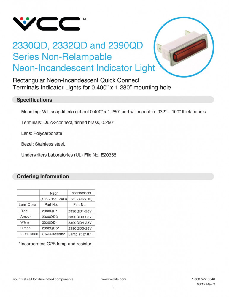 VCC 2390QD series indicator light documentation, page 1