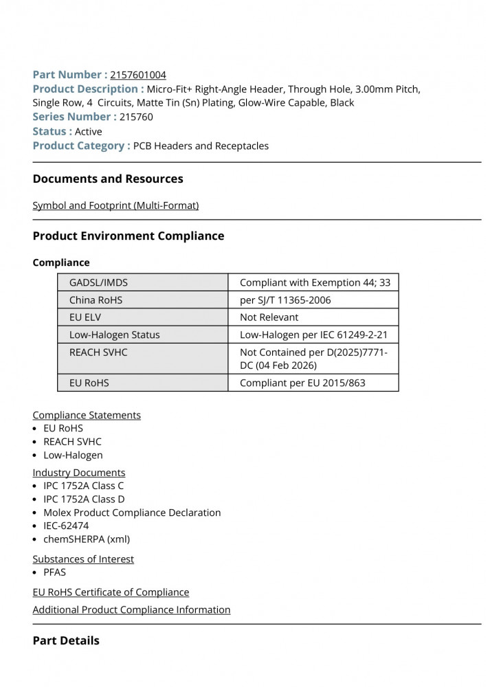 Technical document page 1 for MOLEX 2157601004