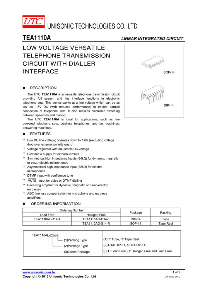 UTC TEA1110A datasheet page 1