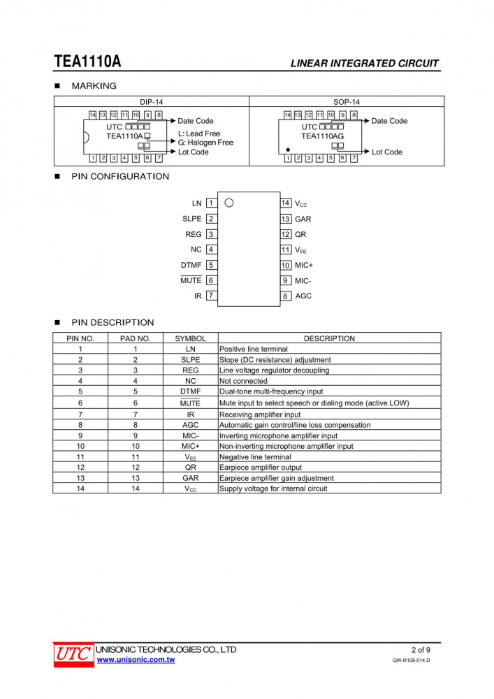 UTC TEA1110A datasheet page 2