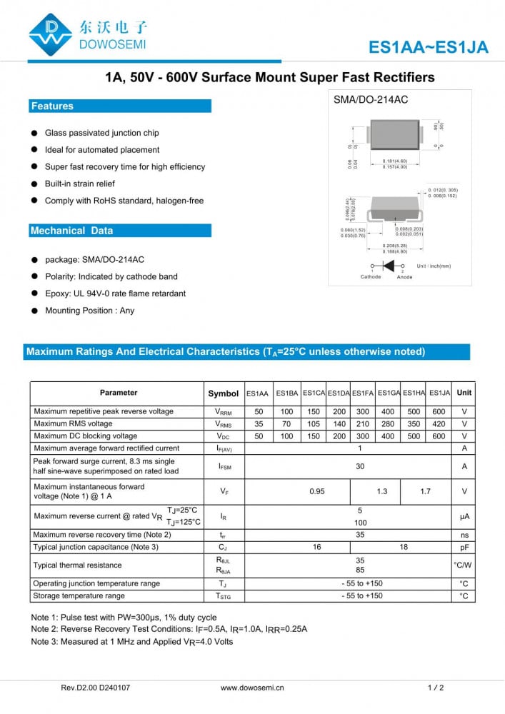 DOWO ES1DA datasheet page 1