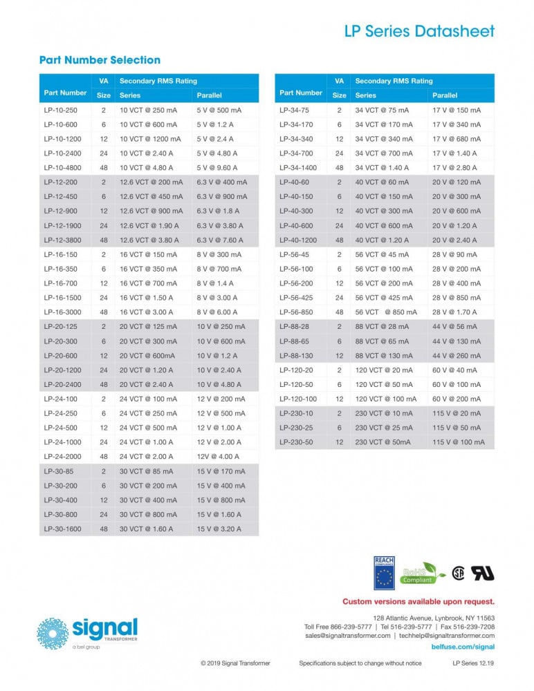 LP Series transformer datasheet page 2