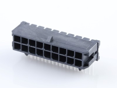 Micro-Fit 3.0 Right-Angle Header, 3.00mm Pitch, Dual Row, 18 Circuits, with Snap-in Plastic Peg PCB Lock, 1.52µm Matte Tin Plating, Glow-Wire Capable, Black for sale