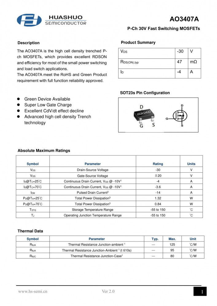AO3407A datasheet page 1