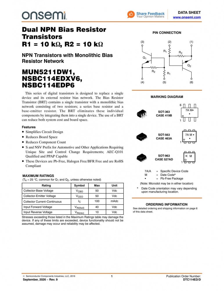 MUN5211DW1T1G datasheet page 1