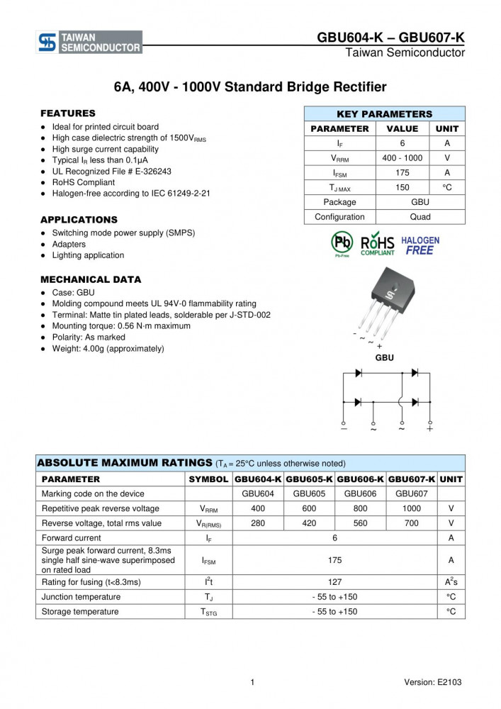 GBU606-K technical document page 1