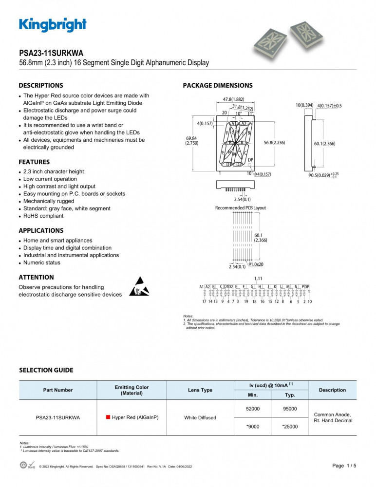 PSA23-11SURKWA datasheet page 1