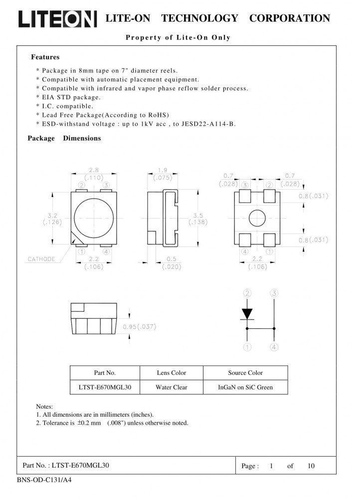 LTST-E670MGL30 datasheet page 1