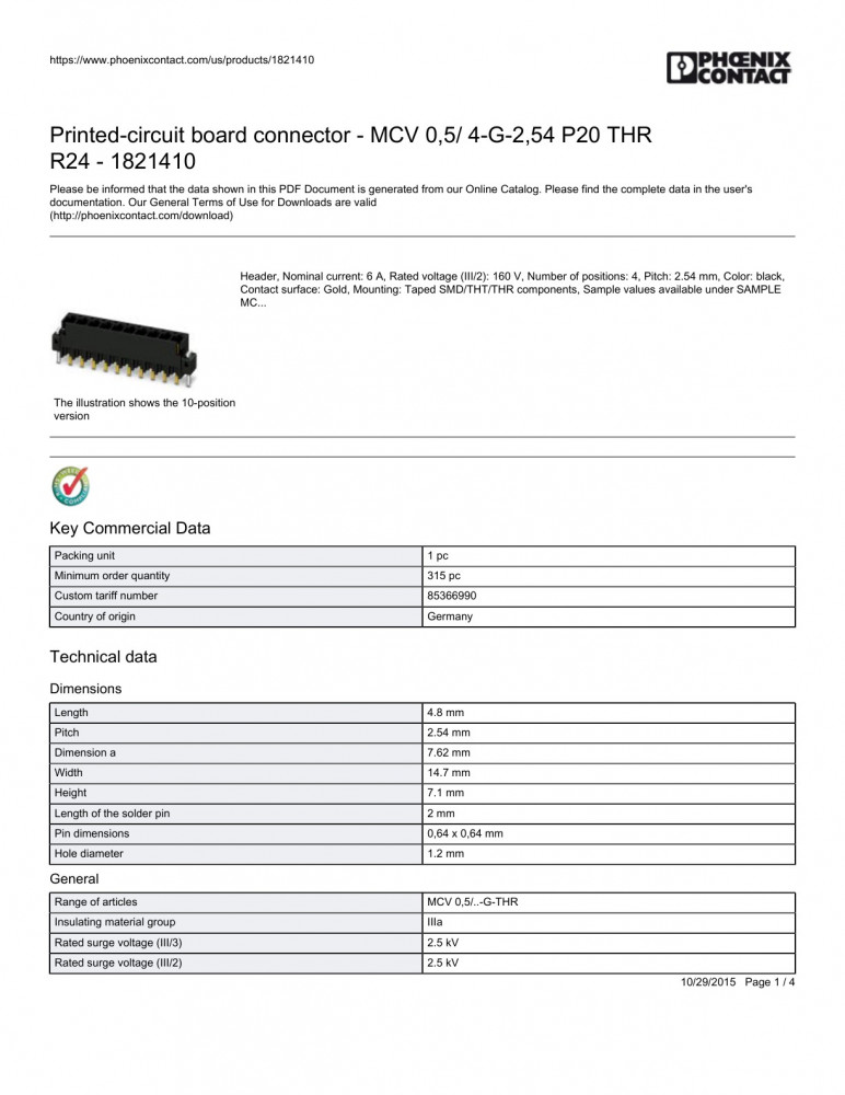 Phoenix Contact 1821410 product documentation page 1