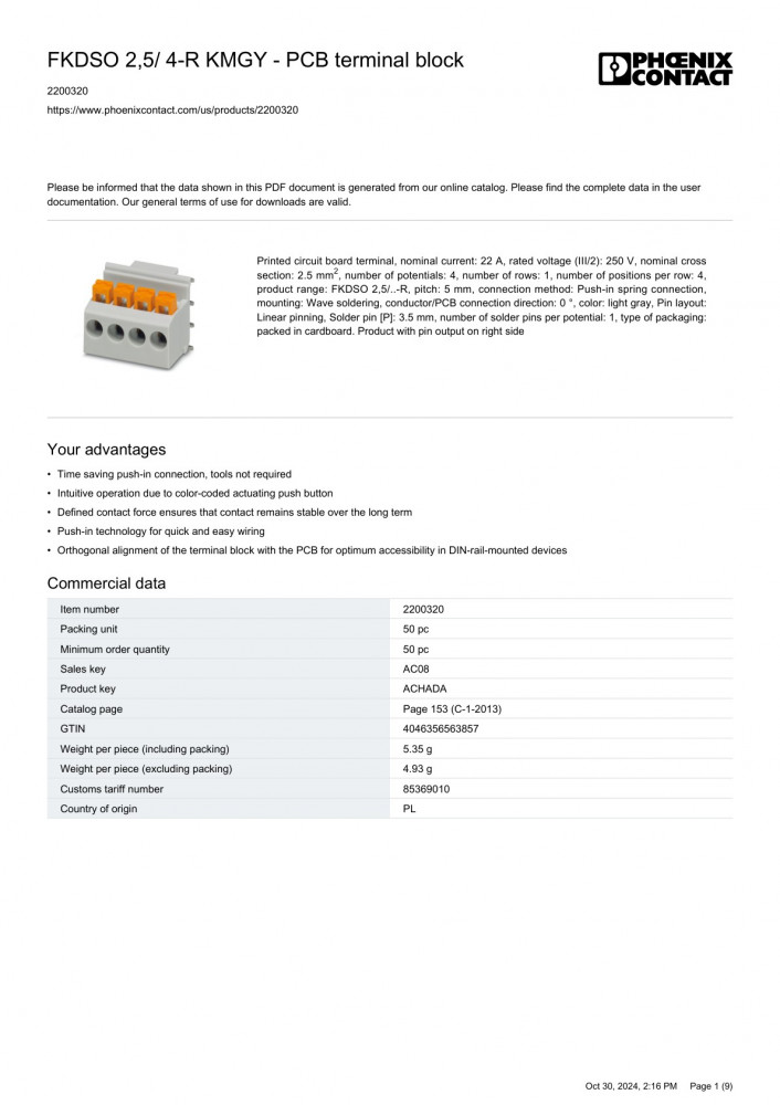 Phoenix Contact 2200320 product data page 1