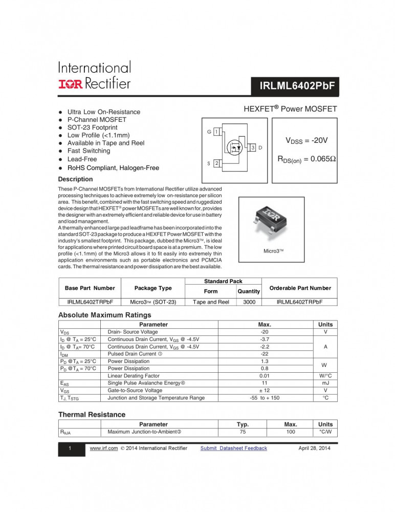 IRLML6402TRPBF datasheet page 1