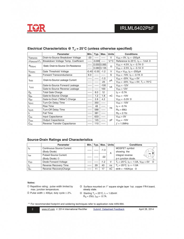 IRLML6402TRPBF datasheet page 2