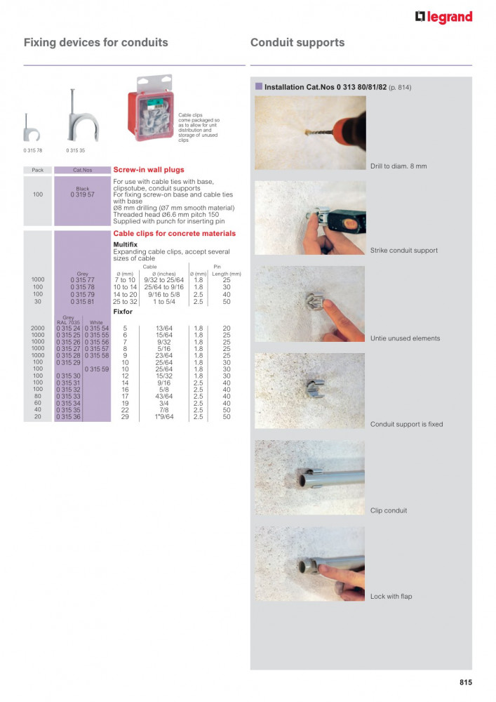 Legrand conduit fixing catalogue page for cable clips