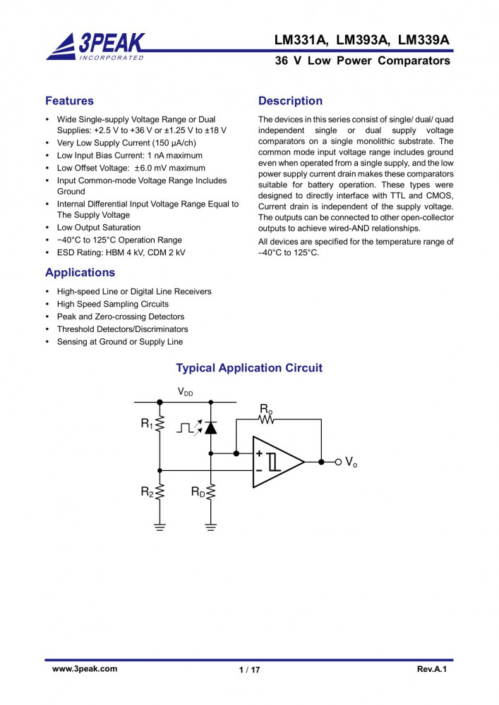 3PEAK LM339A datasheet page 1