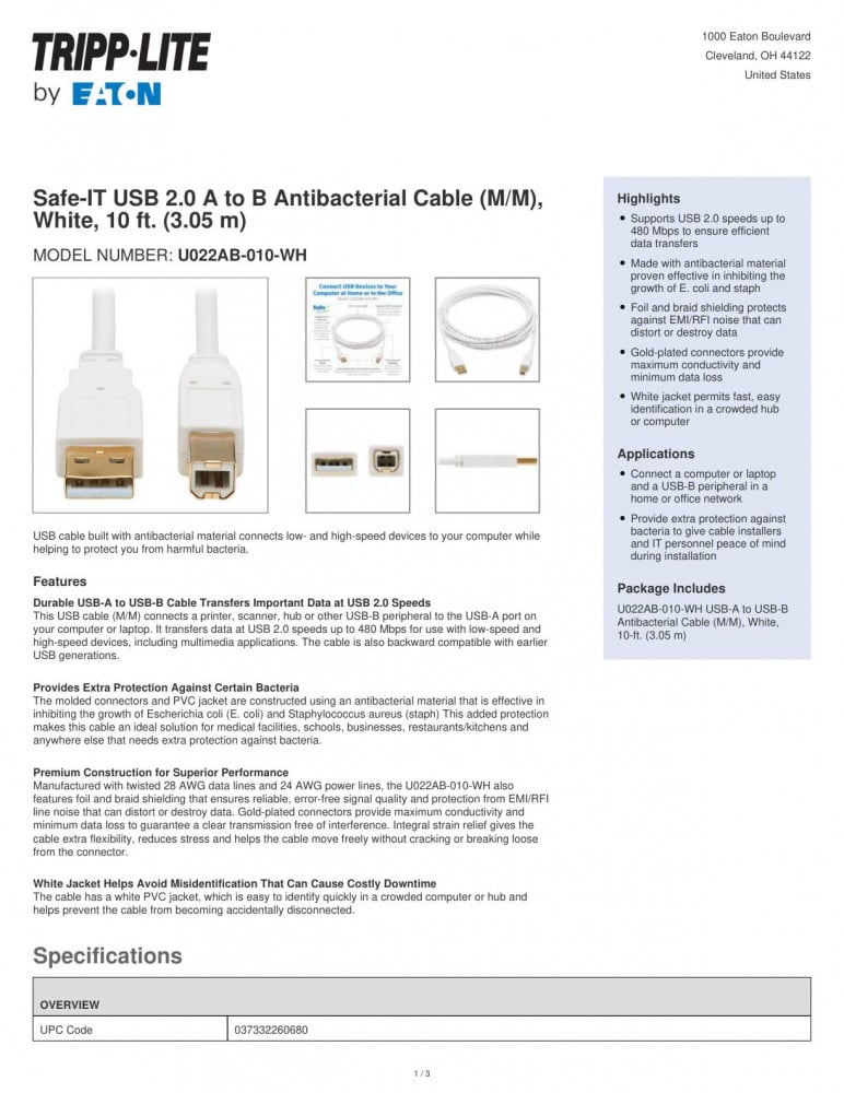 U022AB-010-WH product document page 1