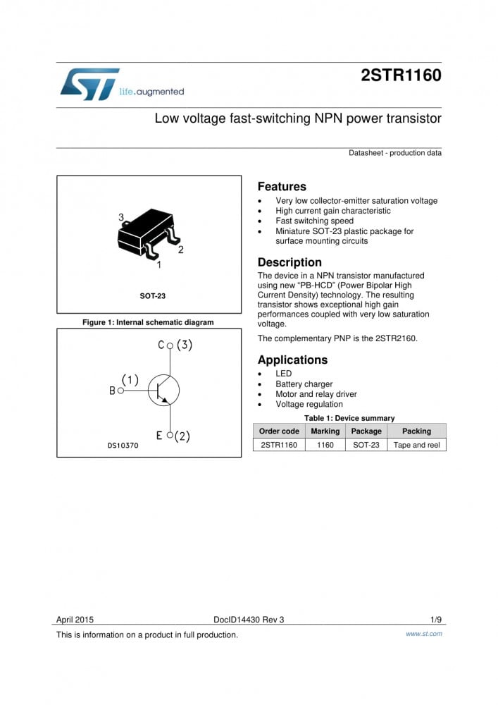 2STR1160 datasheet page 1