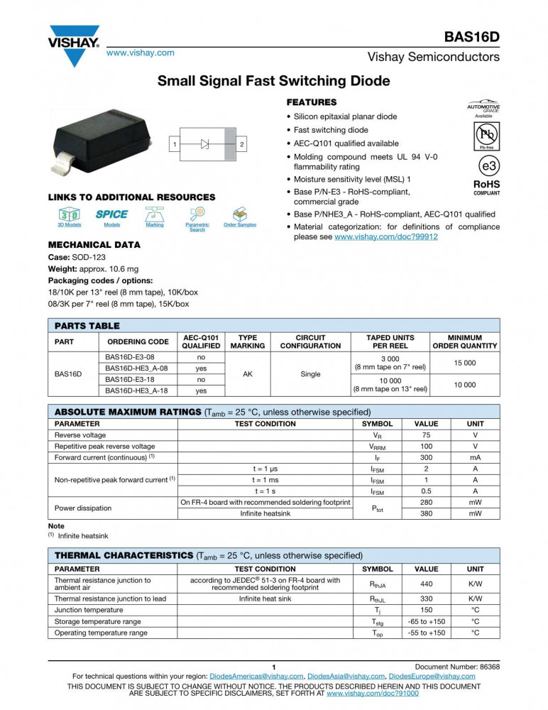 BAS16D technical document page 1