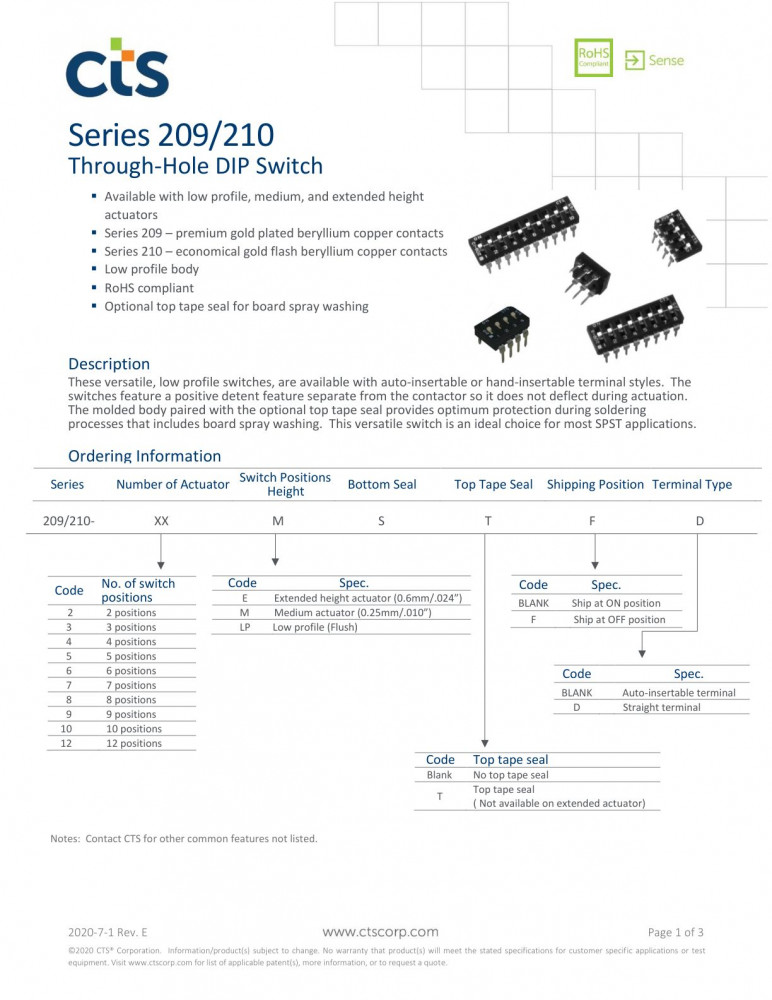 209/210 Series DIP switch technical document, page 1