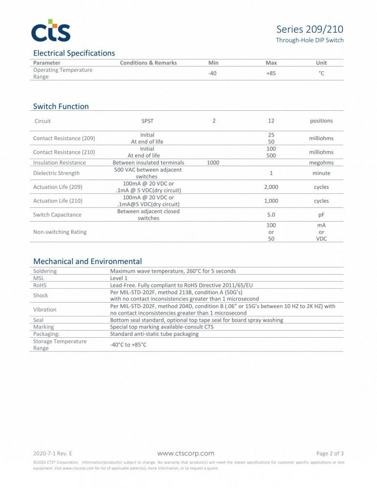 209/210 Series DIP switch technical document, page 2