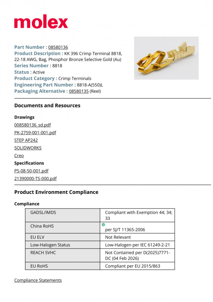 MOLEX KK 396 product specification page 1